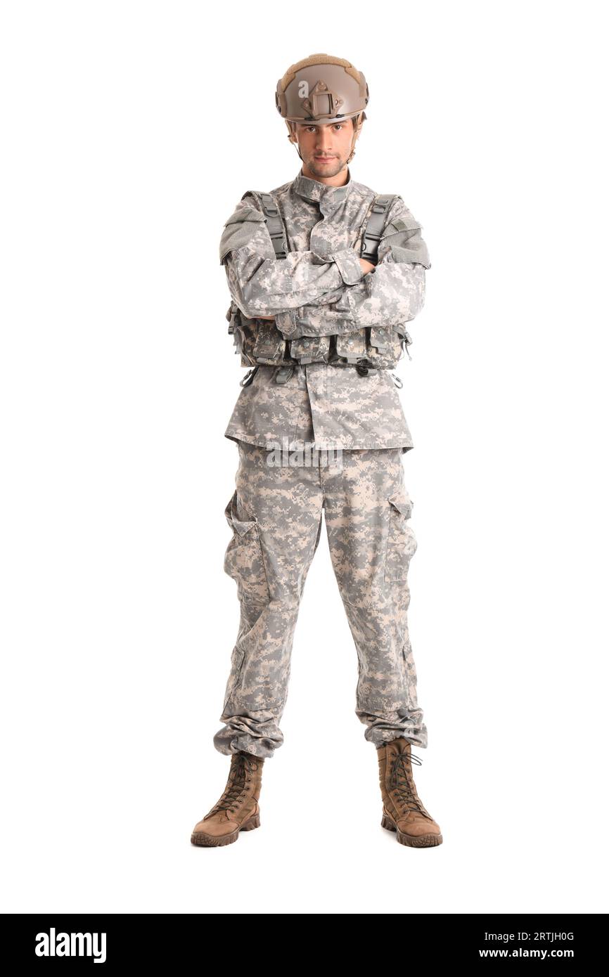Young male soldier in full gear isolated on white background Stock ...