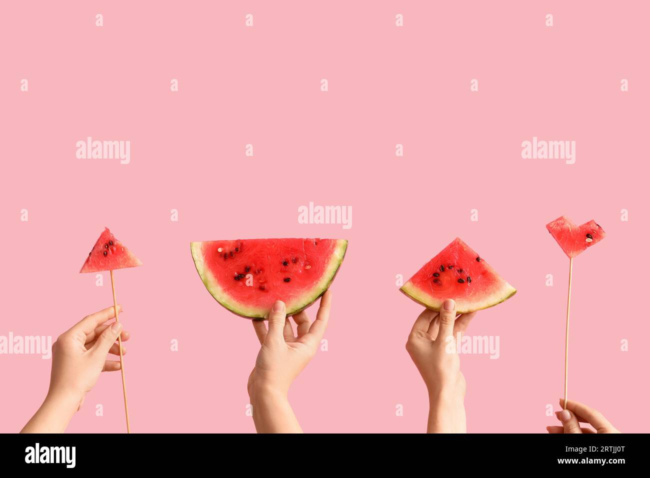 Female hands holding slices of fresh watermelon on sticks against pink ...