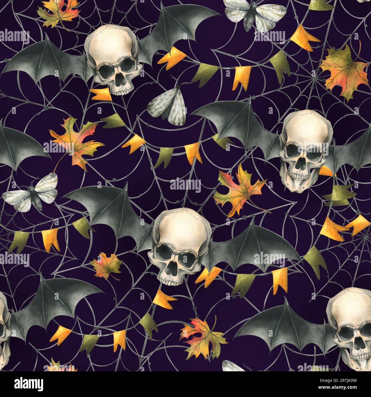 Human skulls with bat wings, cobwebs, garlands of flags and autumn ...