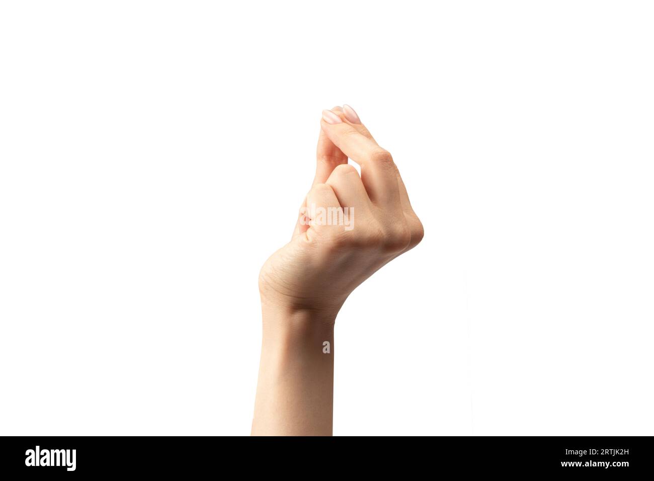 Hand of a woman holds some tiny or thin object, isolated on a white ...