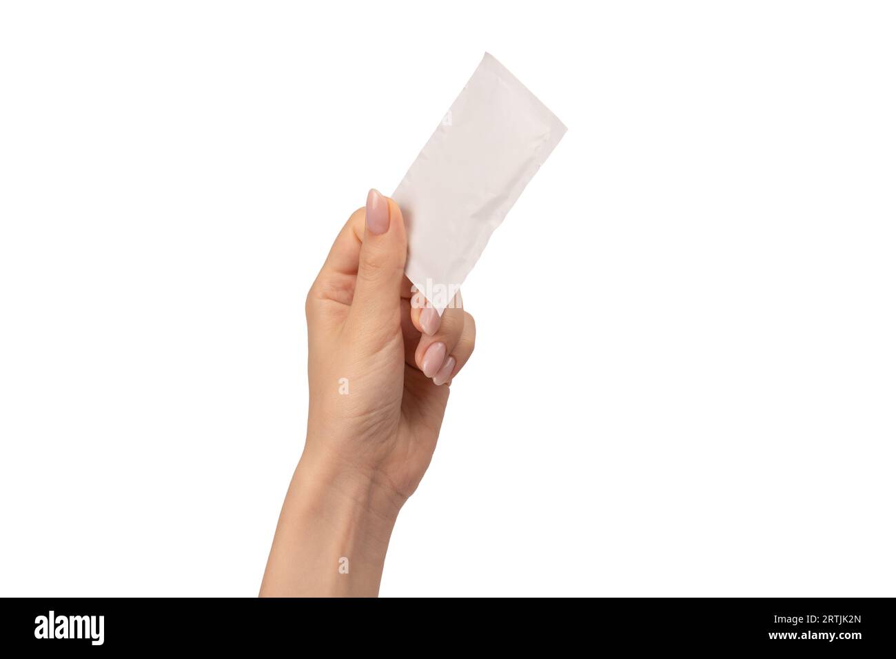 Wet wipe in a woman hand isolated on a white background. Copy space ...