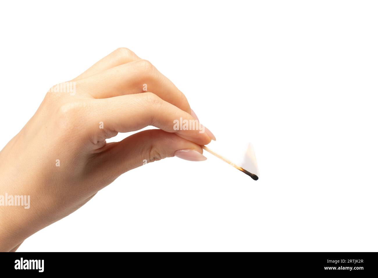 Lit match in a woman hand isolated on a white background. Copy space ...