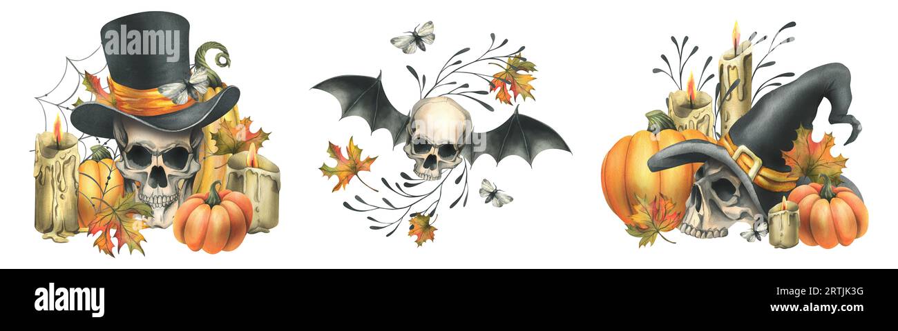 Human skulls in hats with bat wings, pumpkins, autumn leaves and ...