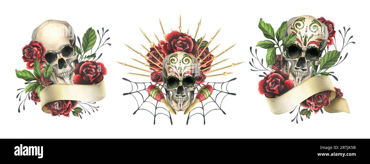 Human skulls with hand drawn ornament with ribbon for text, red roses ...