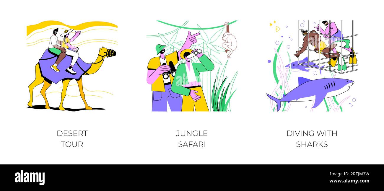 Adventure tour isolated cartoon vector illustrations set. Desert trip ...