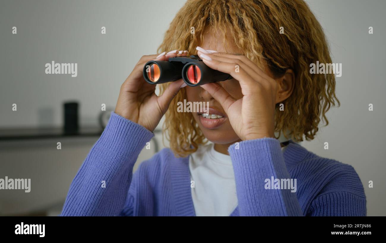 African American curious woman ethnic girl suspicious spy female at ...