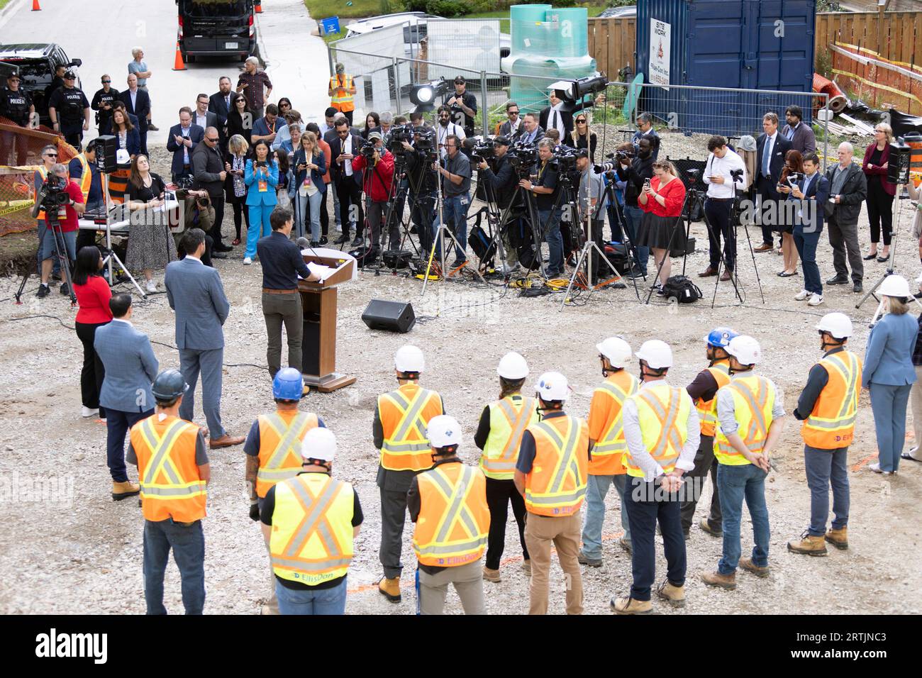 London, Canada. 13th Sep, 2023. Prime Minister Justin Trudeau holds a ...