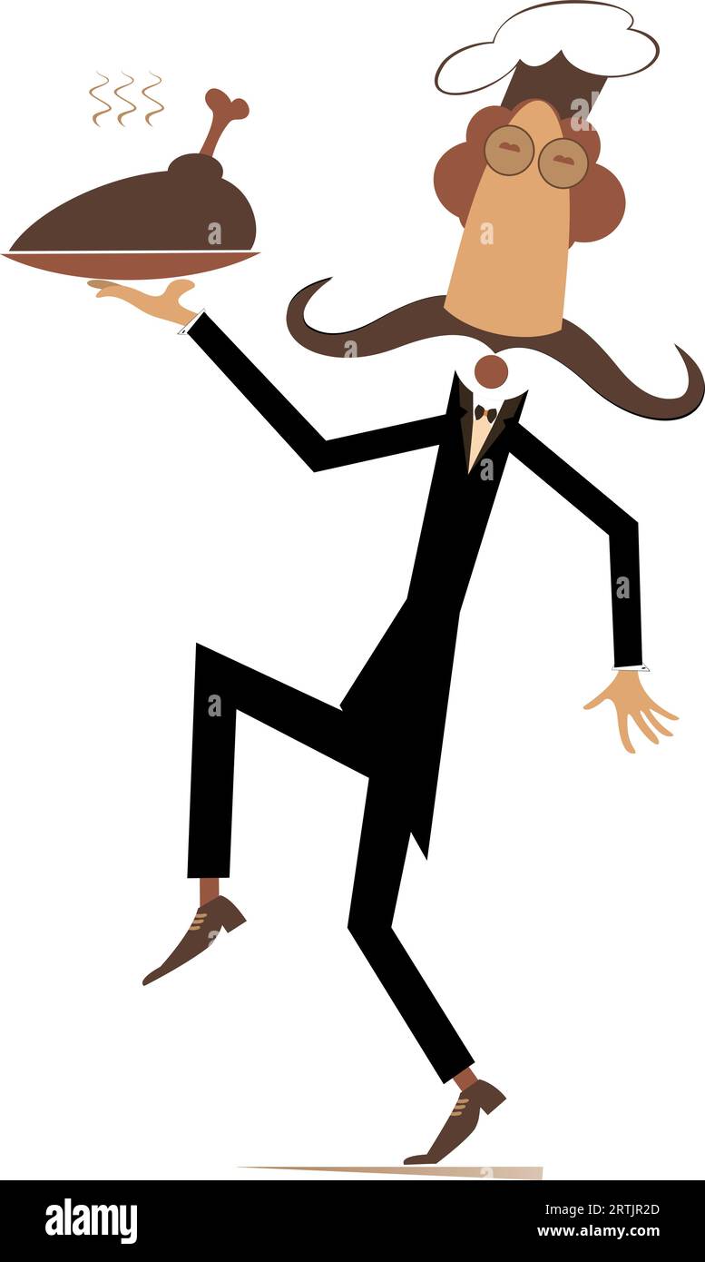 Smiling cook holding a tray with meat. Cartoon cook holding a tray with ...