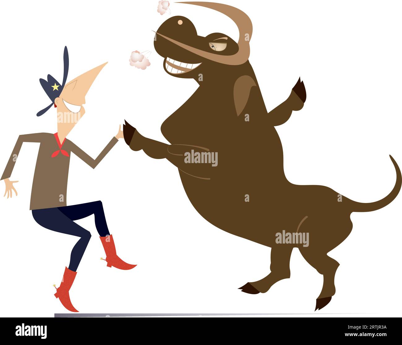 Rodeo. Farmer or cowboy dancing with a bull. Cartoon farmer or cowboy ...