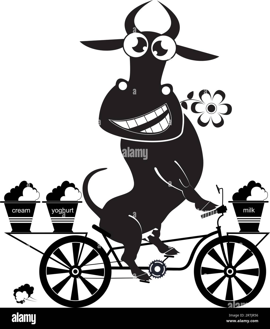 Cycling cute cow. Smiling cow riding a bike with dairy products in the ...
