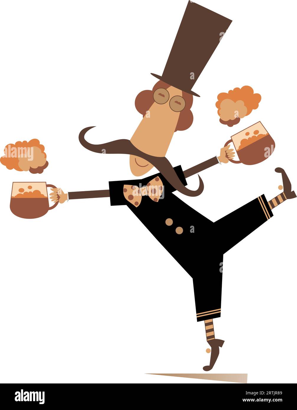 Funny long mustache man in the top hat holding two big mugs of beer ...
