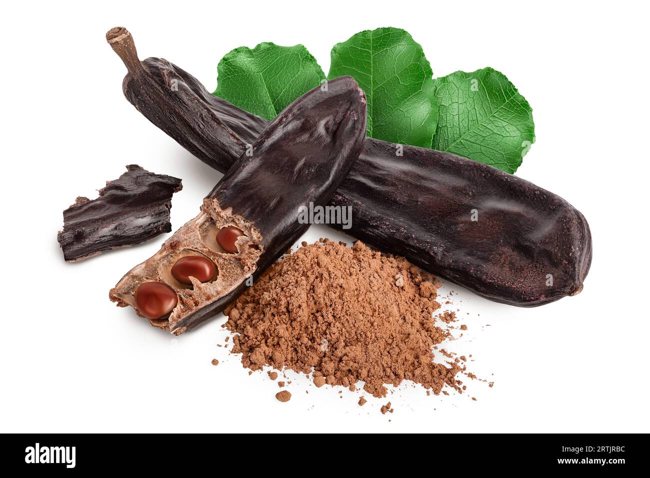 Carob pod and powder isolated on white background with full depth of ...