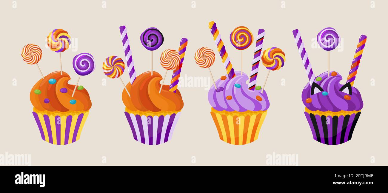 A set of cupcakes with candy and lollipops. A collection of cute ...