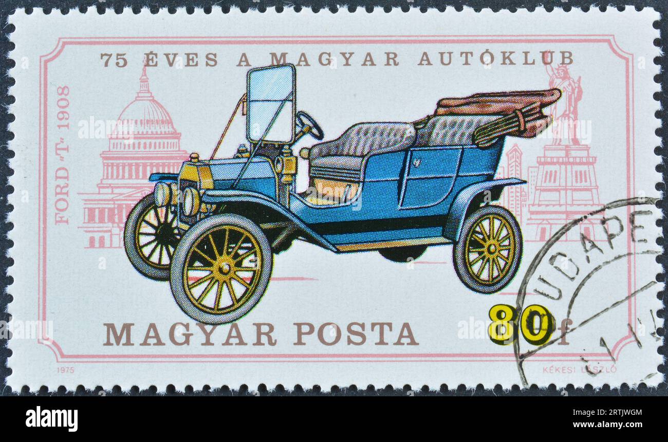 Cancelled postage stamp printed by Hungary, that shows Model T Ford ...