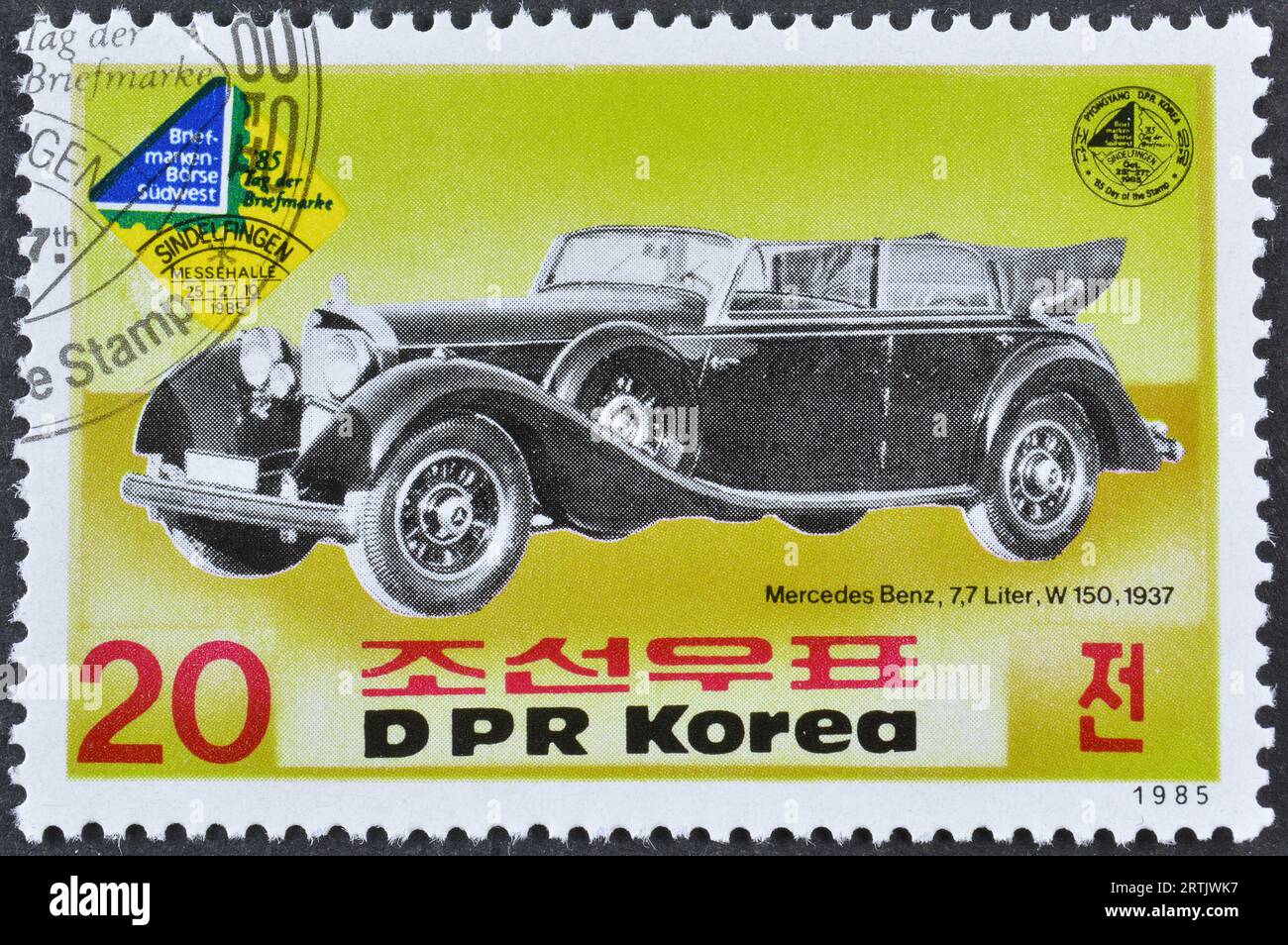 Cancelled postage stamp printed by North Korea, that shows Mercedes ...
