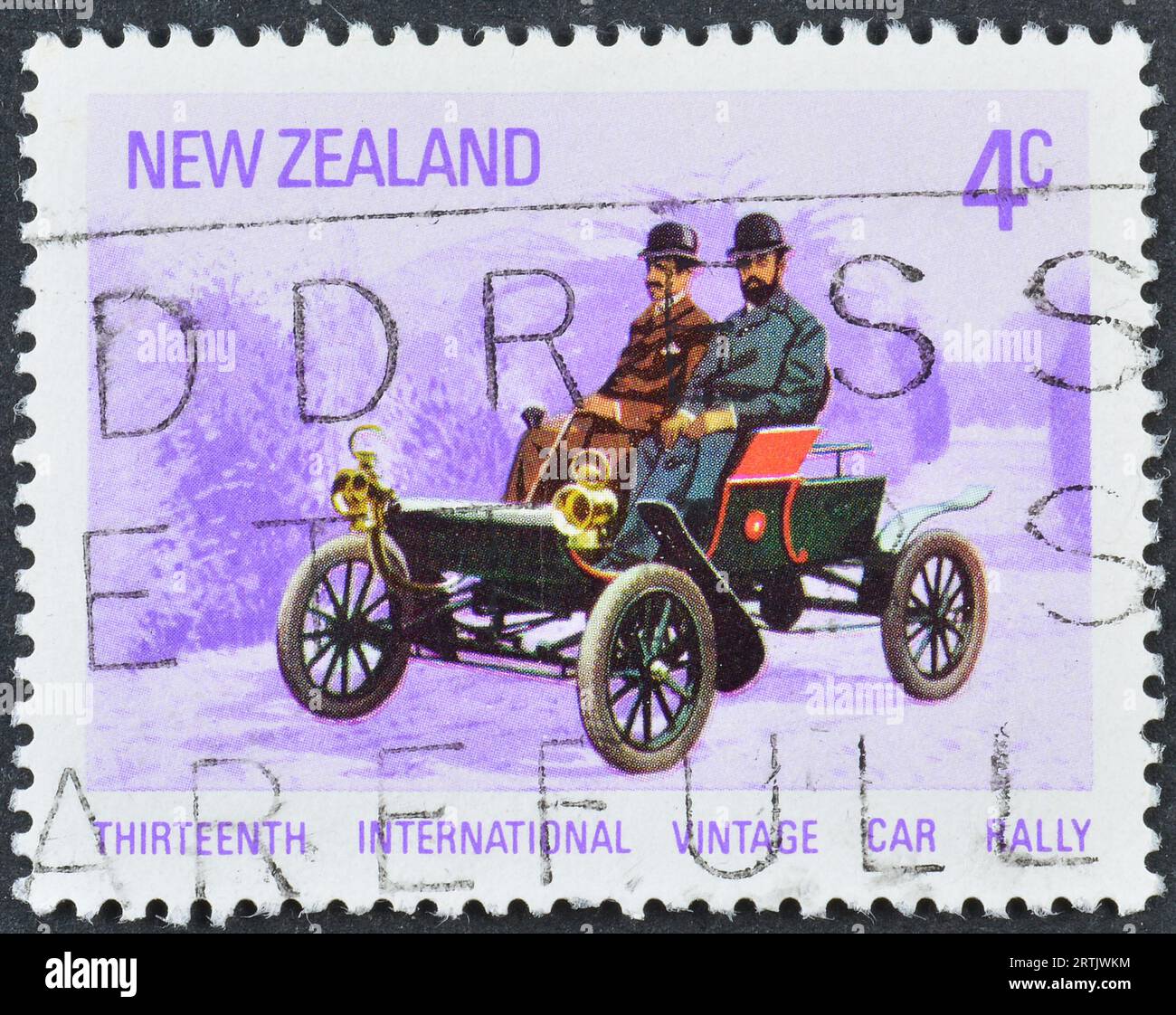 Cancelled postage stamp printed by New Zealand, that shows Oldsmobile ...
