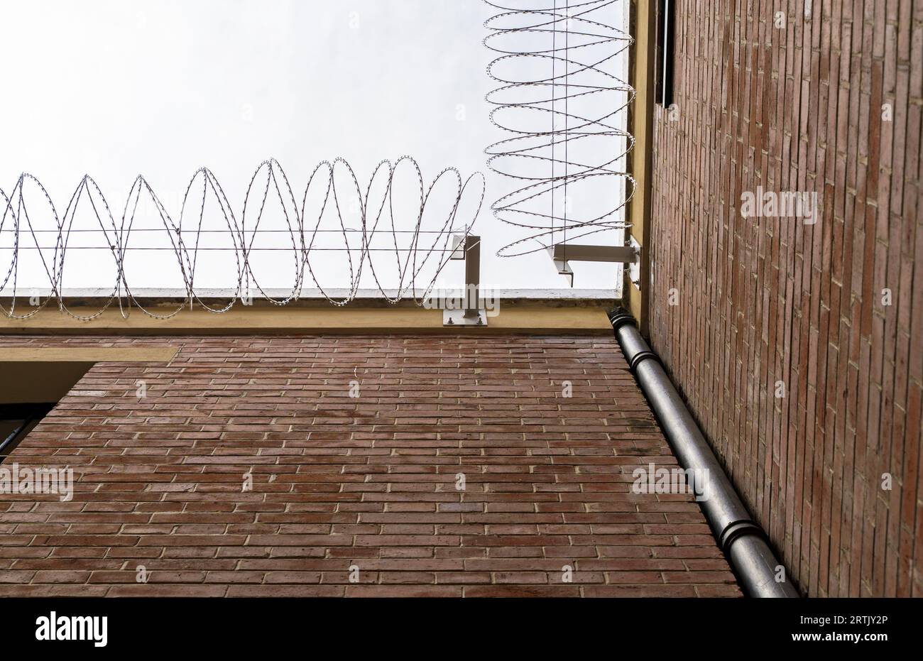 Prison walls with bars on windows surrounded by barbed wire Stock Photo ...
