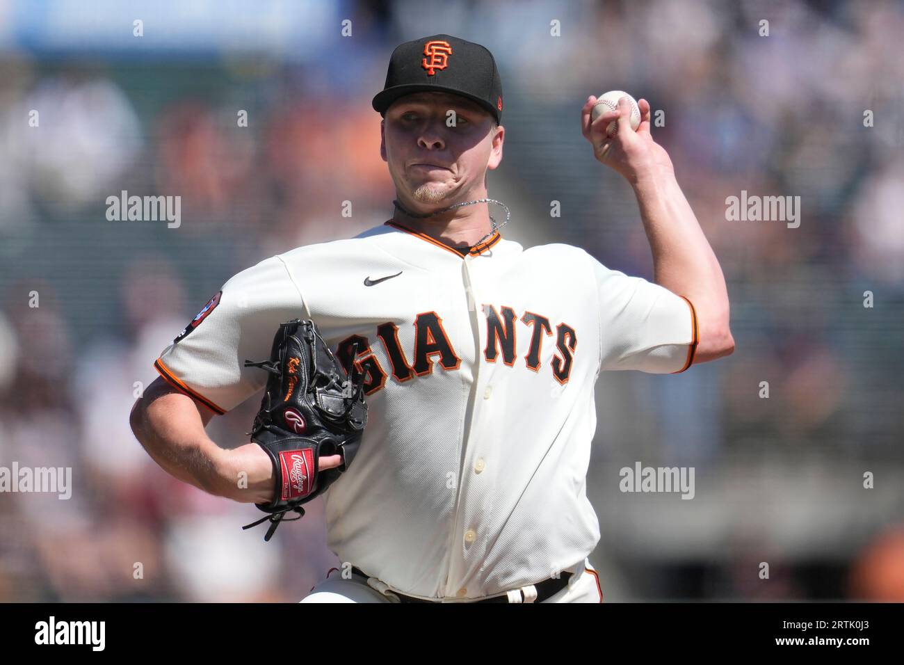 San Francisco Giants pitcher Kyle Harrison works against the Cleveland ...