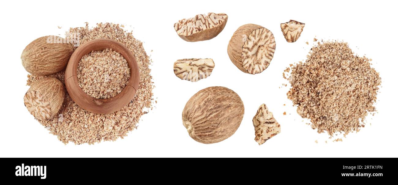 Whole and grated nutmeg in wooden bowl isolated on white background ...
