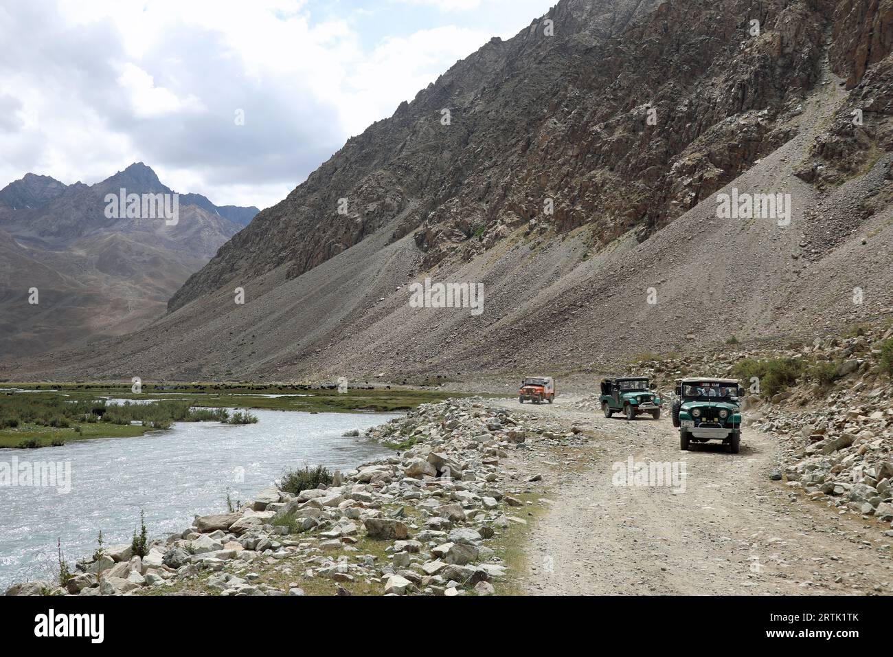 Adventure travellers at the Shandur Pass in northern Pakistan Stock ...