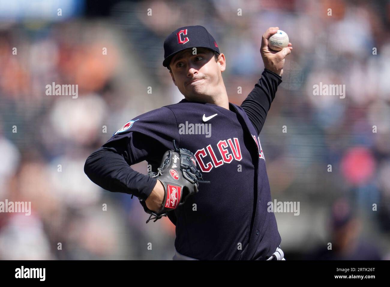 Cleveland Guardians pitcher Logan Allen works against the San Francisco ...