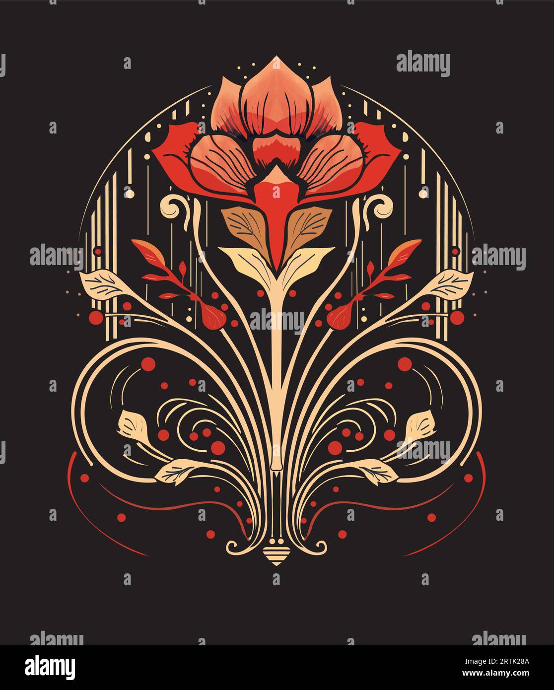 Art nouveau style illustration of a red lotus flower with swirl leaf and vine accents on a black ...