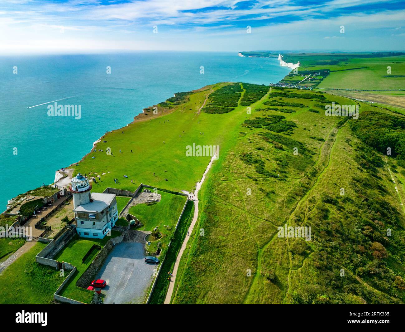 A daytime aerial drone view of the Seven Sisters cliffs on the East ...