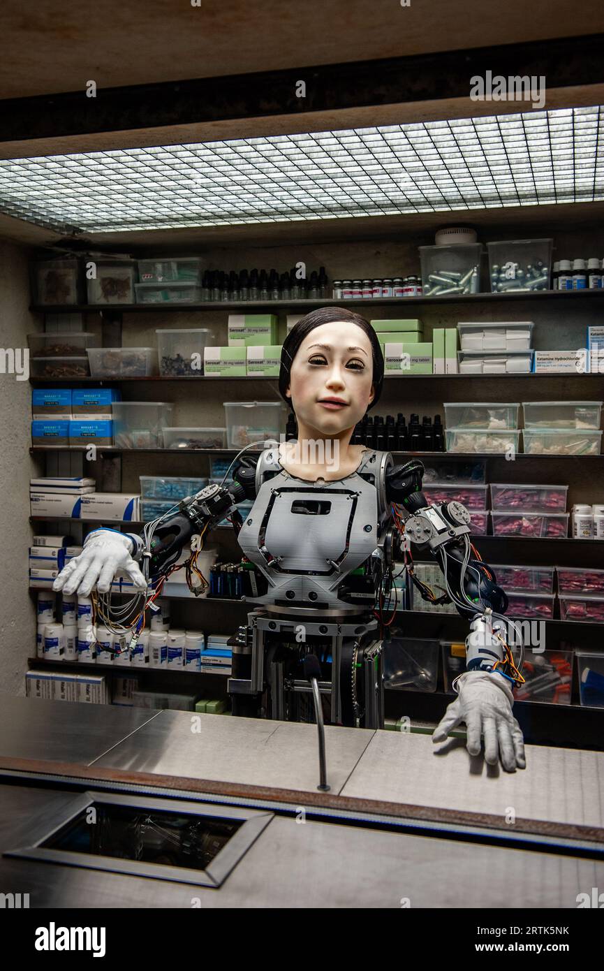 Amy, a human-looking robot is seen offering different options to get the happiness. In his work ...
