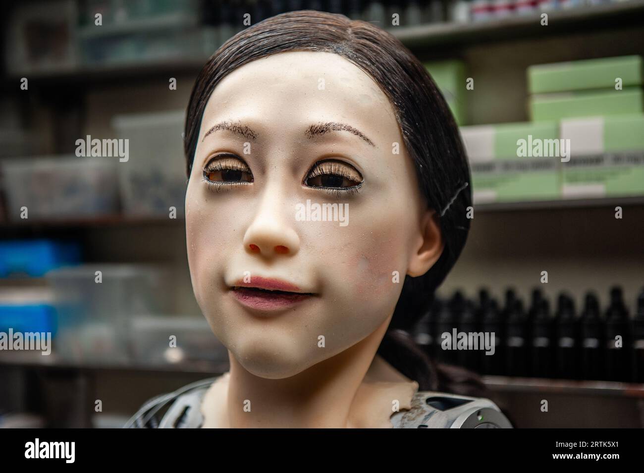 A close look at Amy, a human-looking robot. In his work, 'Happiness ...