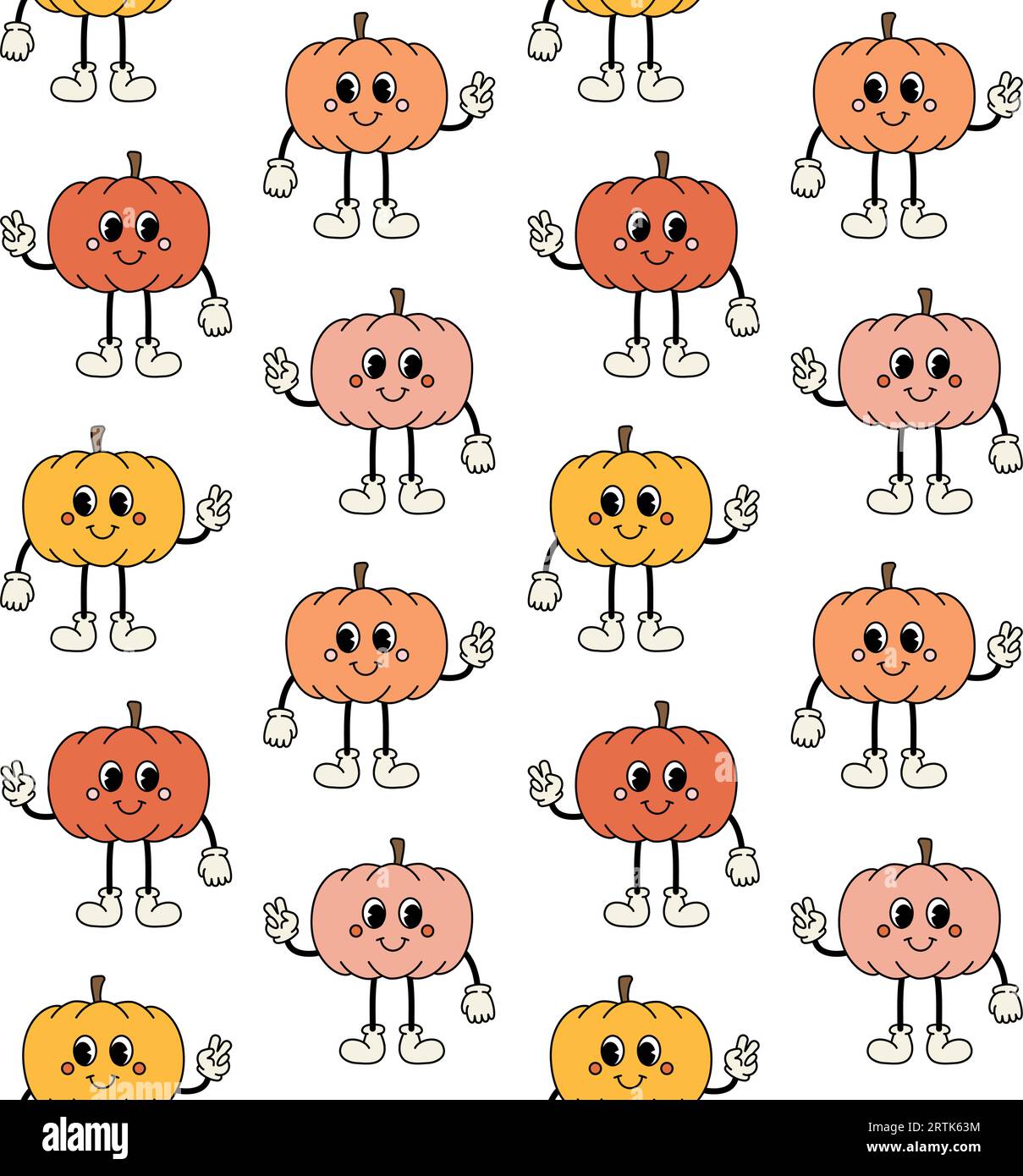 Vector seamless pattern of retro groovy cartoon different color pumpkin ...