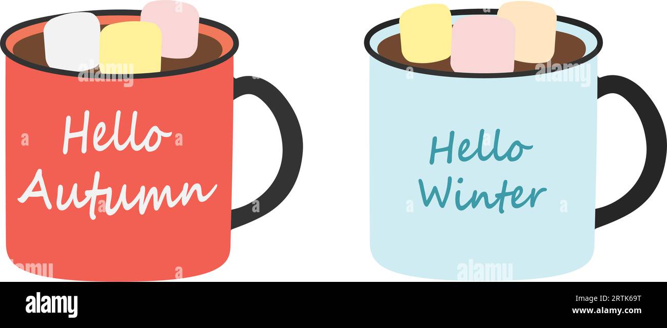 Set of 2 Mugs with 2 seasonal lettering Hello autumn, Hello winter, wam ...