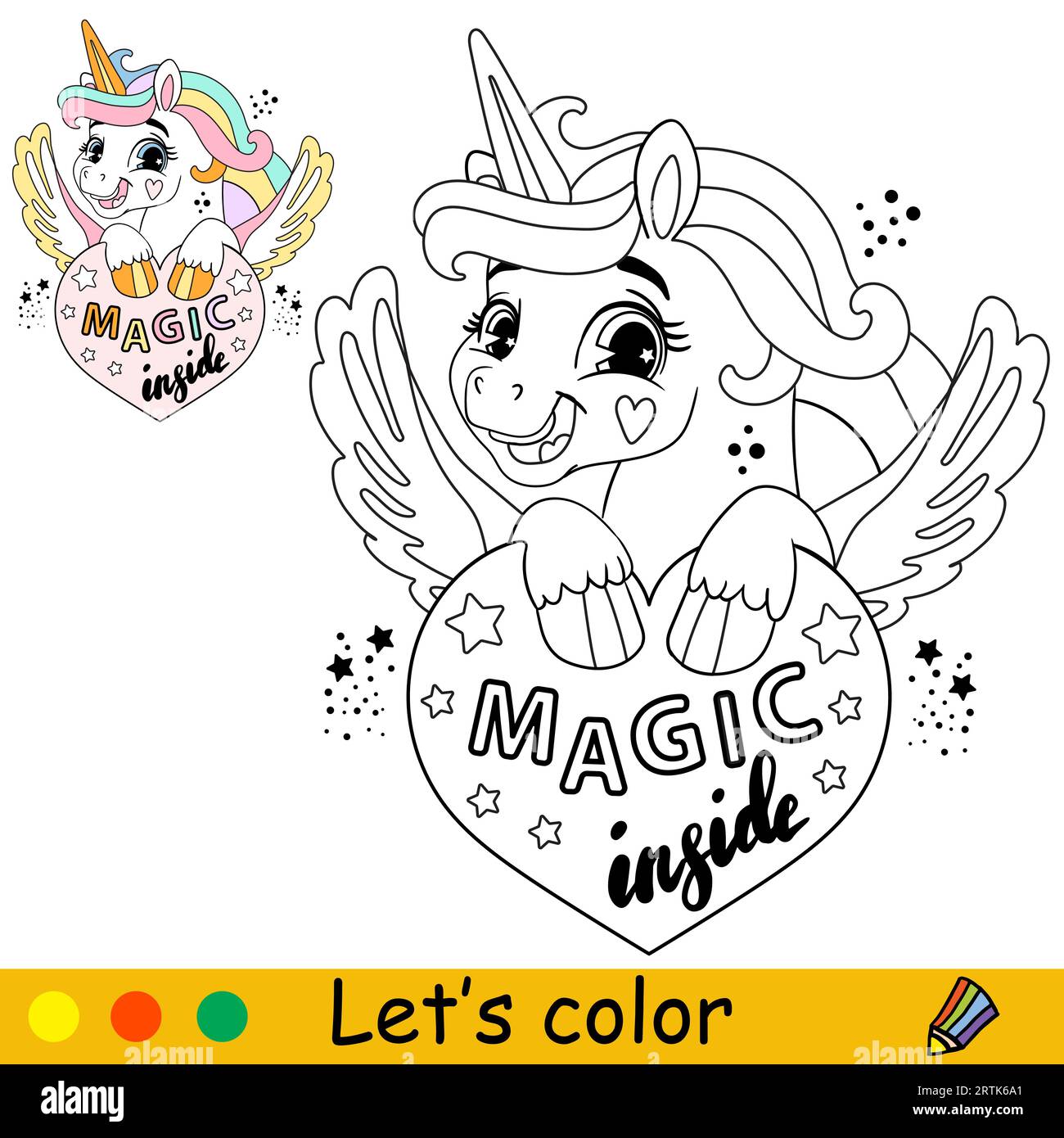 Cartoon cute unicorn and lettering magic inside. Kids coloring book ...