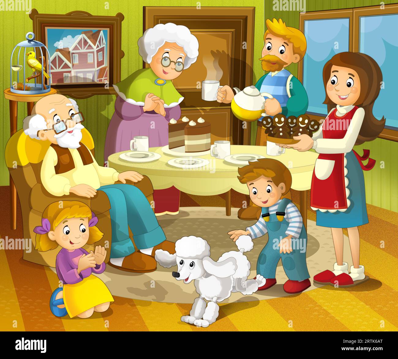 cartoon scene with family near dinner table in the room illustation for ...