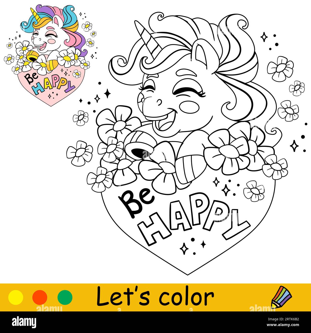 Cartoon cute unicorn and lettering be happy. Kids coloring book page ...