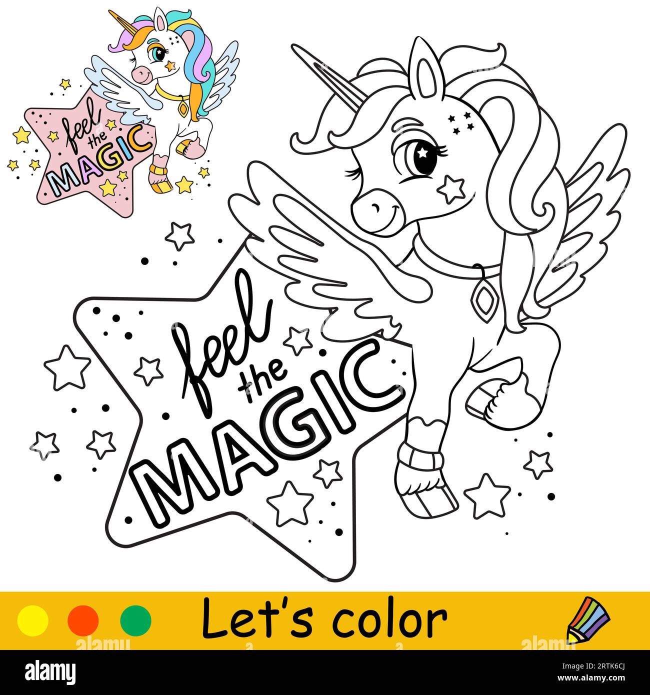 Cartoon cute unicorn and lettering feel the magic. Kids coloring book ...