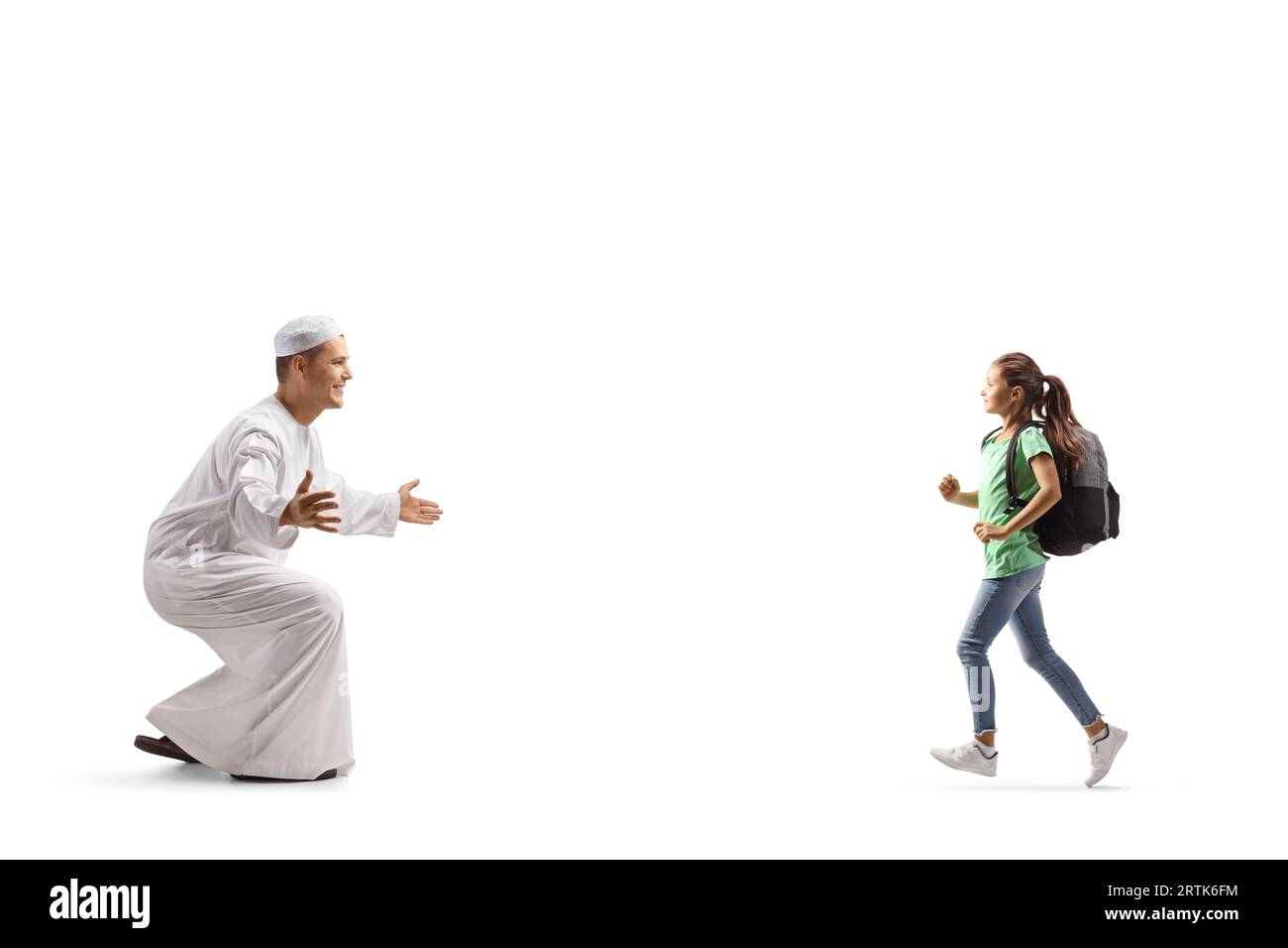 Child running towards a man in traditional muslim clothes isolated on ...