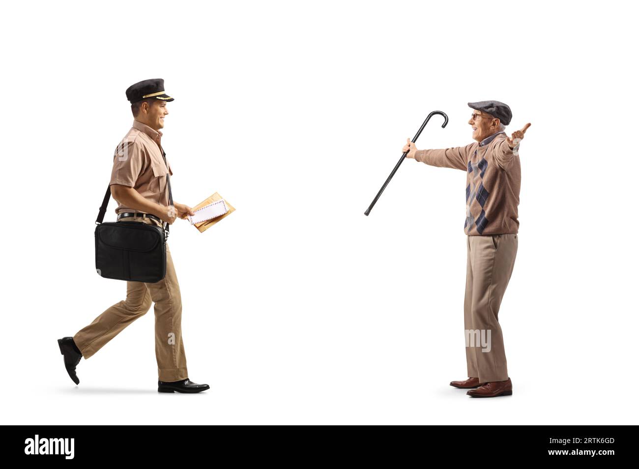 Mailman delivering a letter to a happy elderly man isolated on white ...