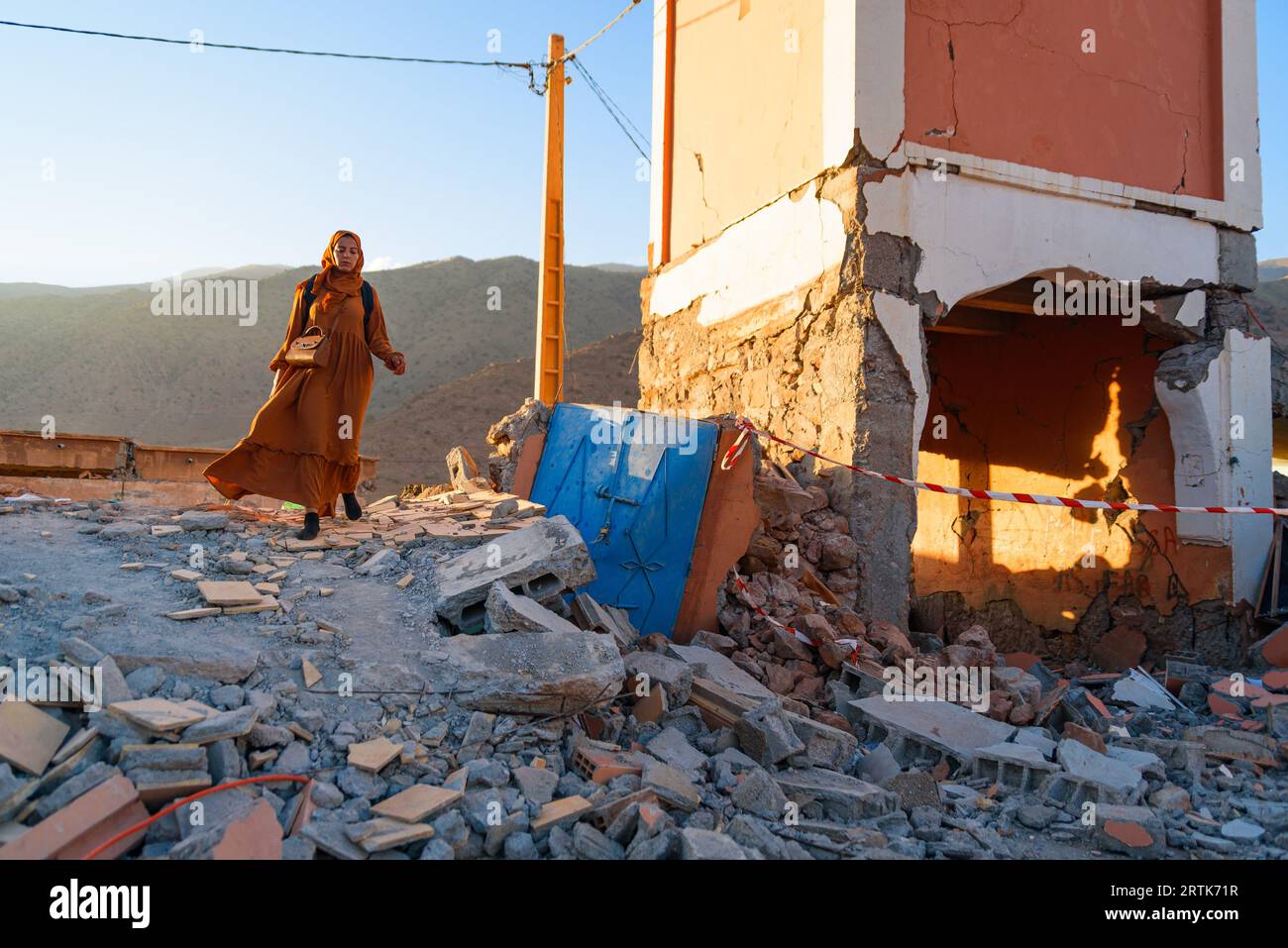 Ijoukak, Morocco. 11th Sep, 2023. A moroccan woman is seen walking on ...