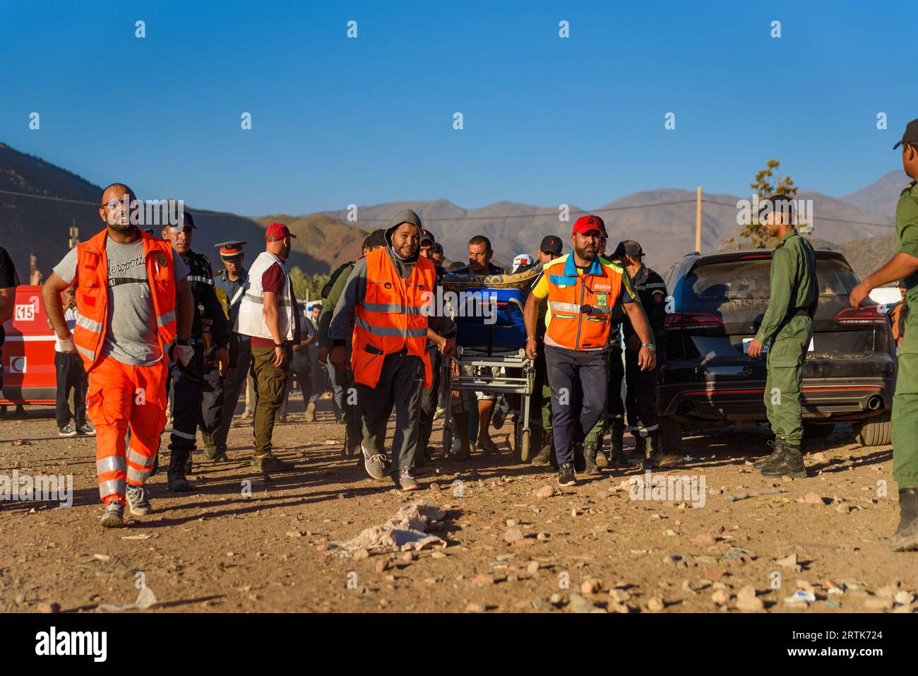 Ijoukak, Morocco. 11th Sep, 2023. Volunteers and the police are seen ...
