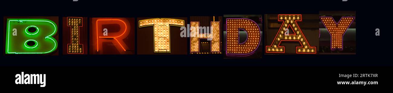 Birthday in colorful eye catching form of lite letters on black ...