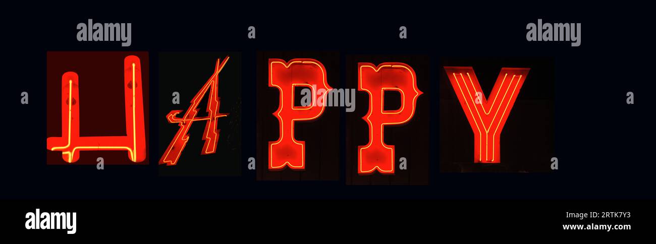 Happy in colorful eye catching form of lite letters on black background ...
