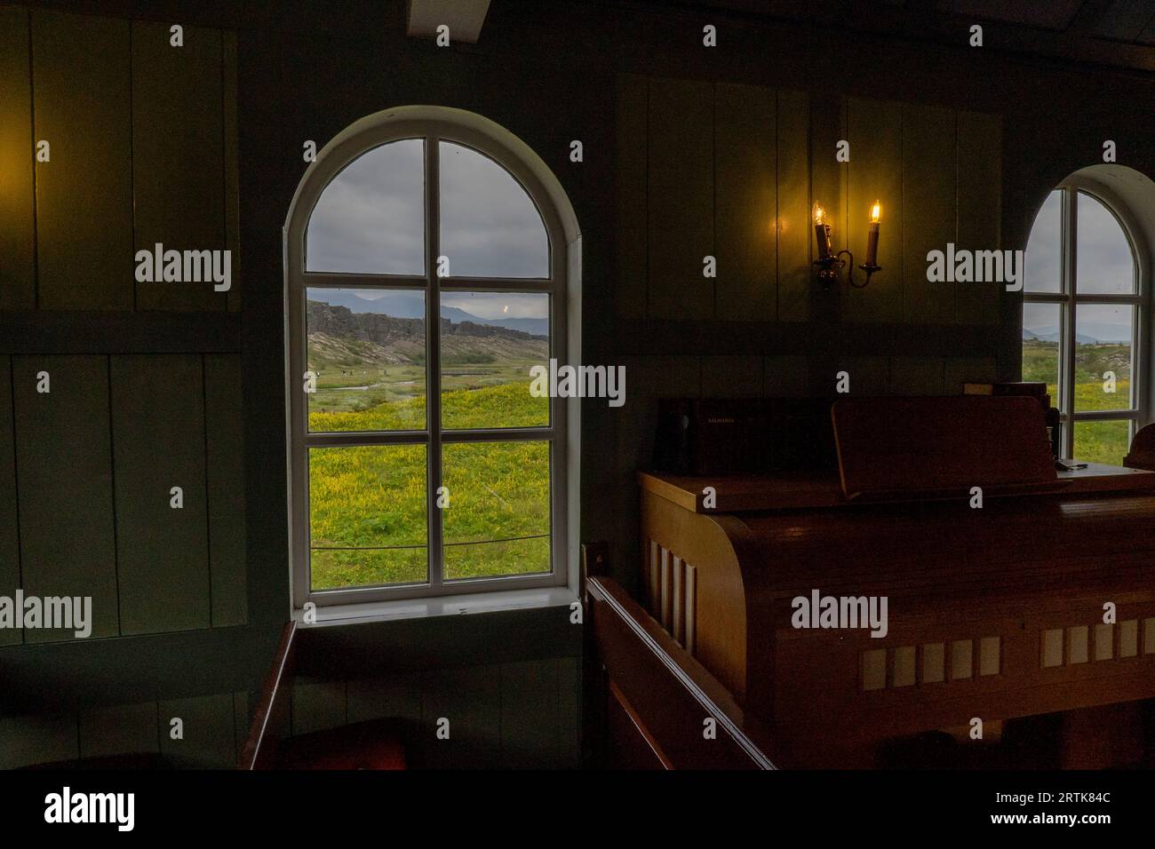 Window with view of country within the little parish church of ...