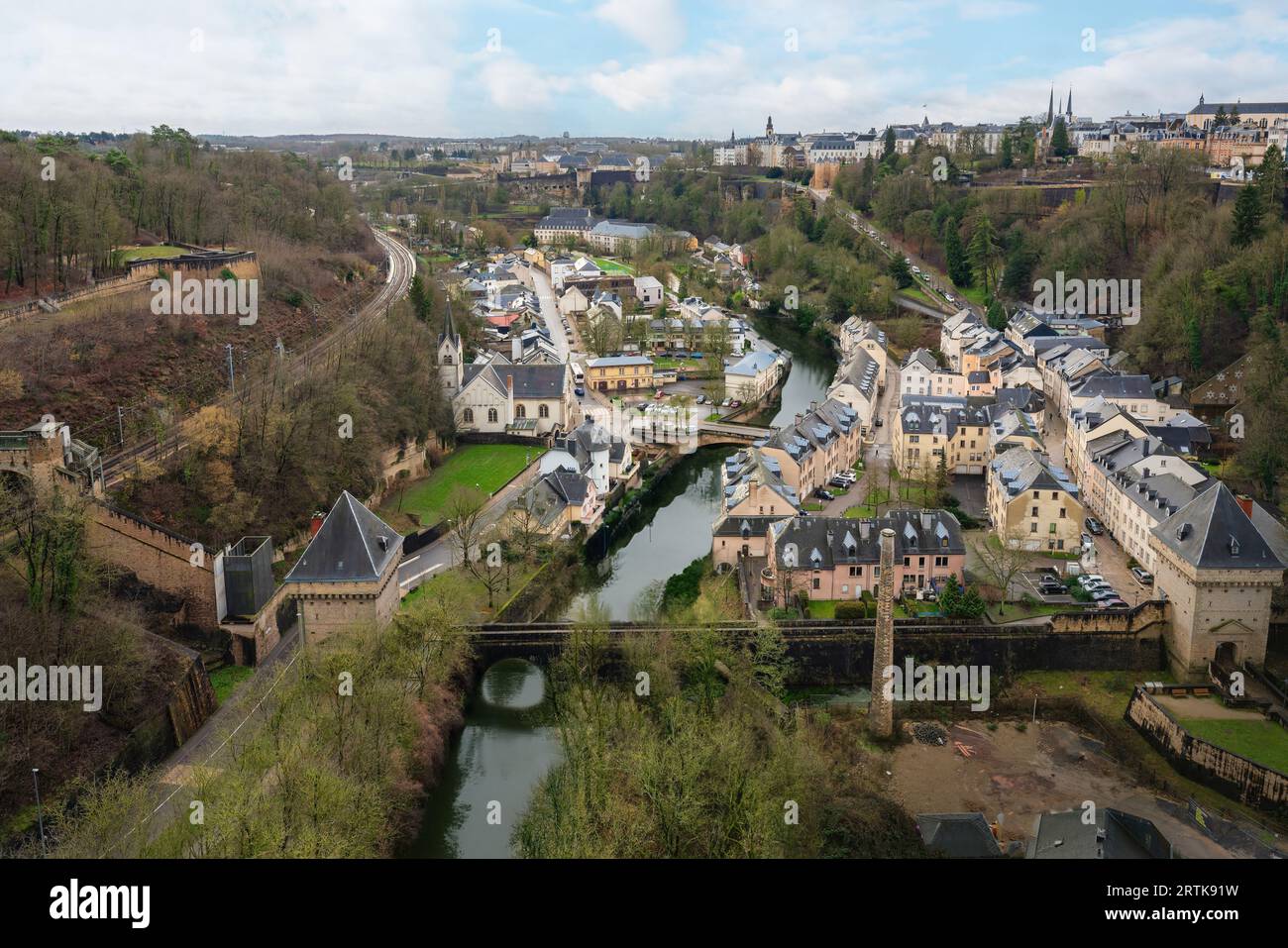 Aerial view of Luxembourg with Alzette River and Vauban Towers ...