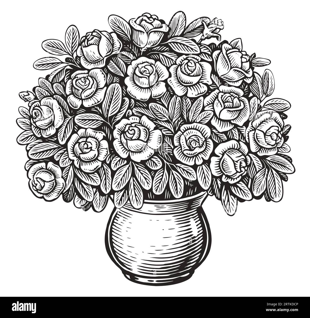 Bouquet of flowers in pot. Roses with leaves. Hand drawn sketch ...