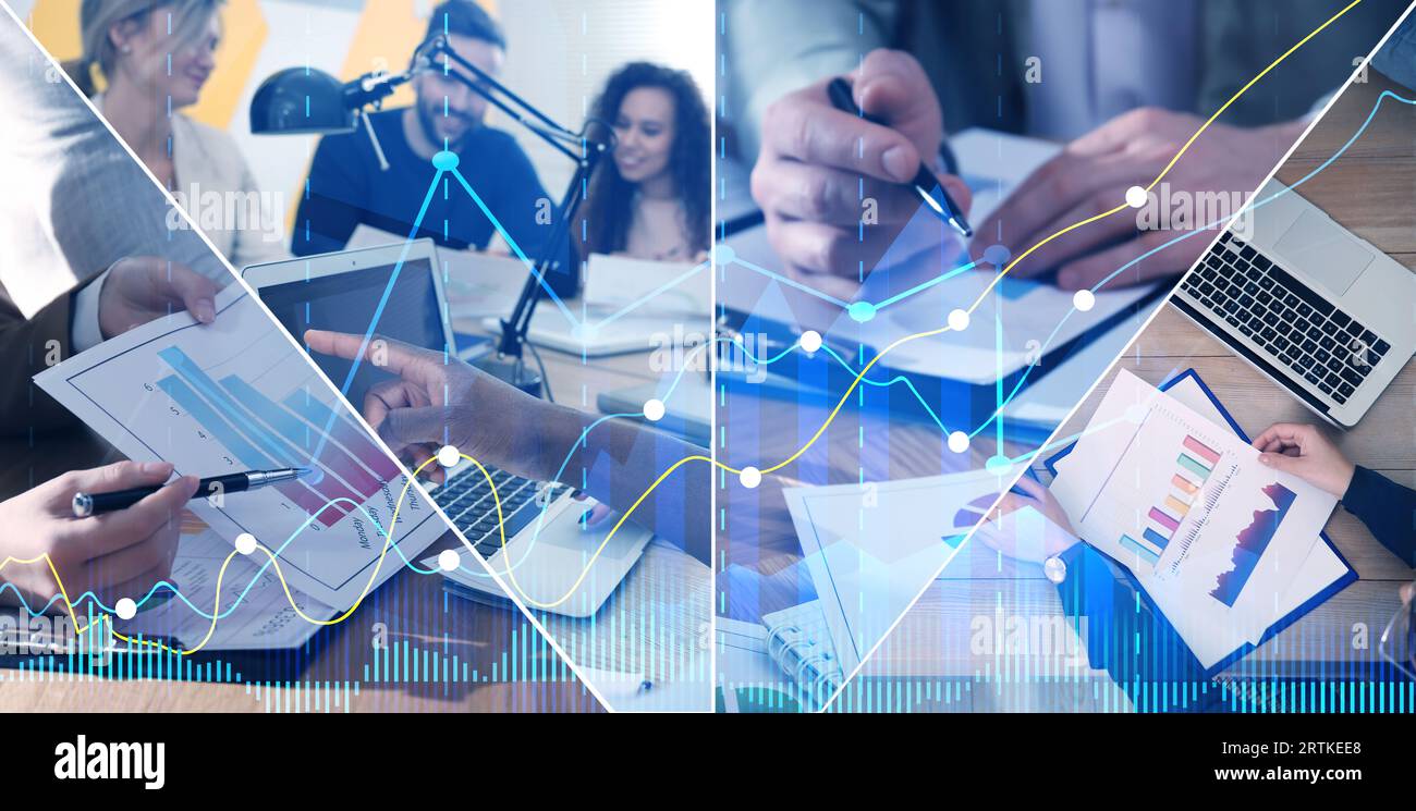 Marketing. Collage with photos of businesspeople and graphs, banner ...