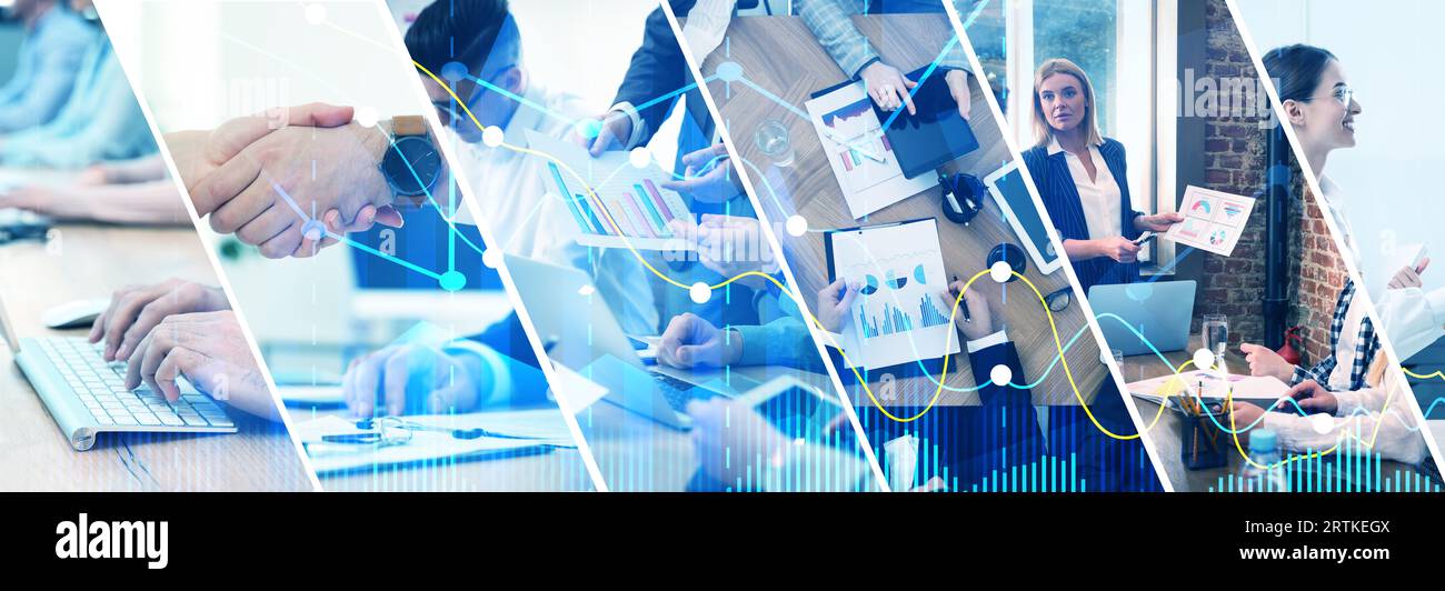 Marketing. Collage with photos of businesspeople and graphs, banner ...
