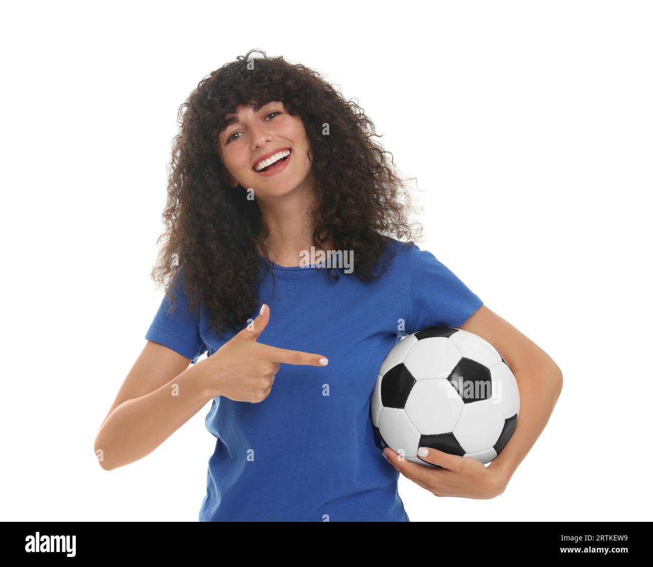 Happy fan showing soccer ball isolated on white Stock Photo - Alamy