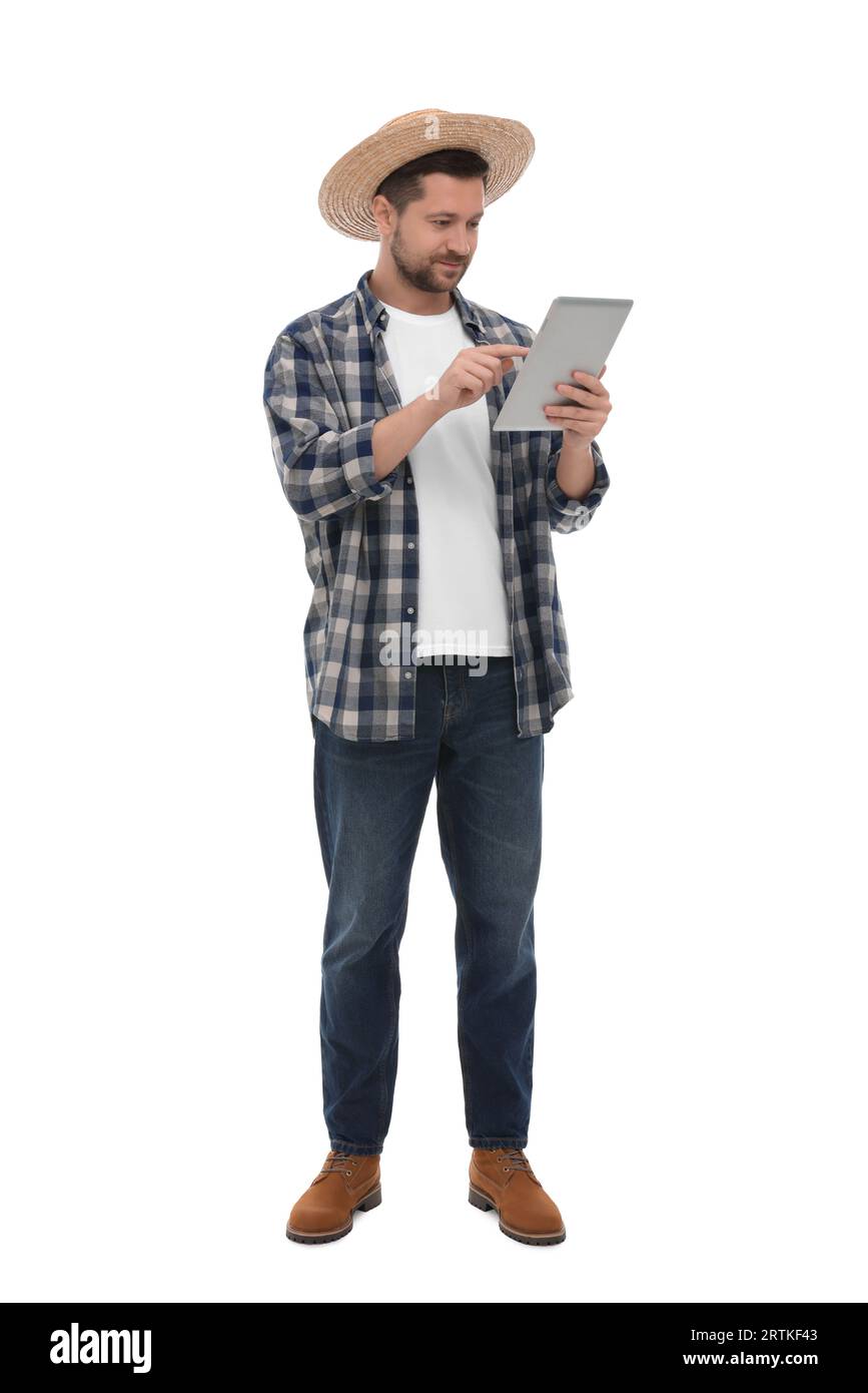 Farmer using tablet on white background. Harvesting season Stock Photo ...