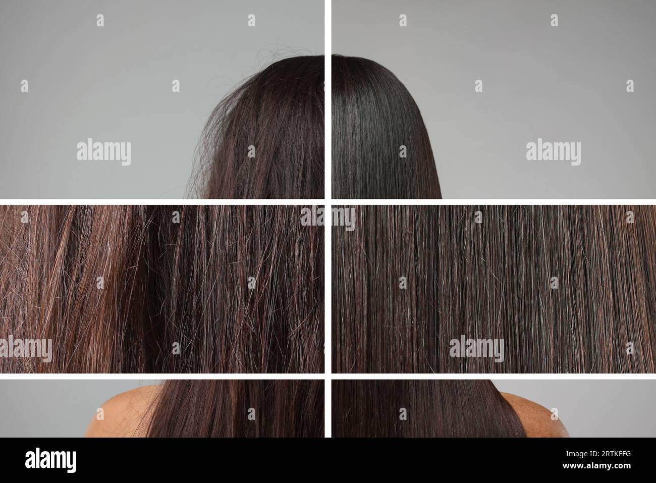 Photo of woman divided into halves before and after hair treatment on ...