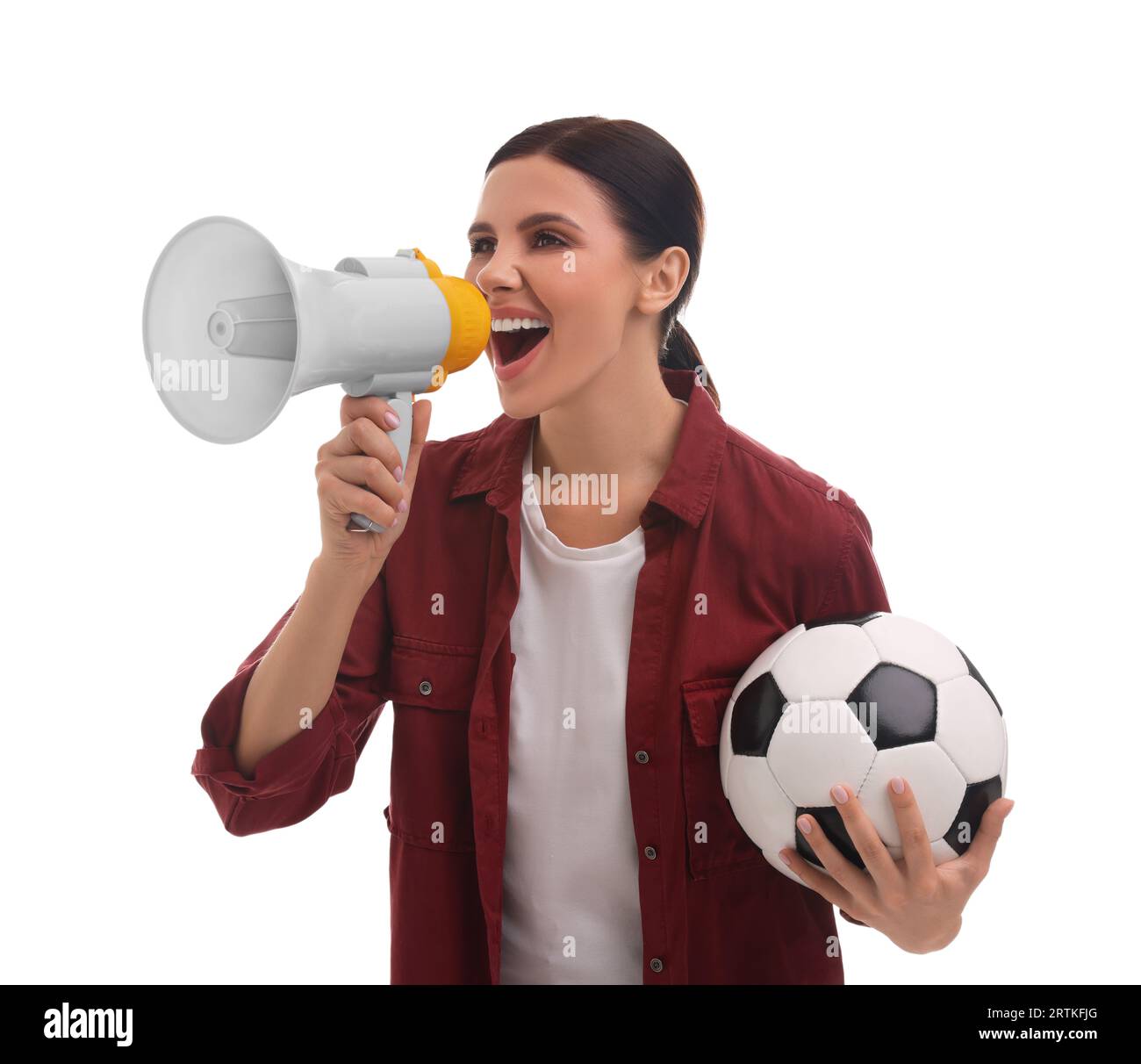 Emotional sports fan with soccer ball and megaphone on white background ...